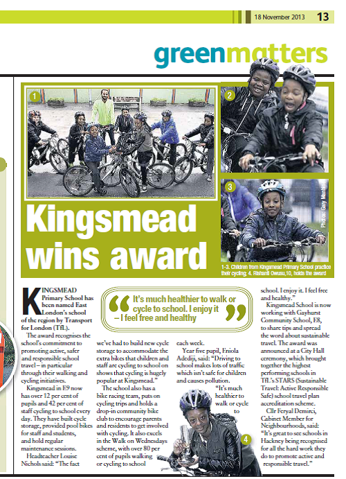 Kingsmead Primary - School of the Region award from TfL